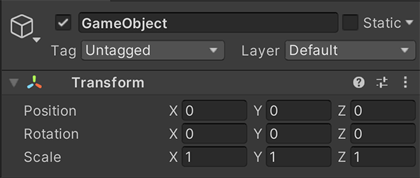 Componente Unity Transform nella vista ispettore.