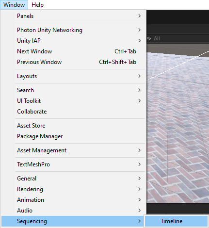 Menu della sequenza temporale della sequenza della finestra di Unity